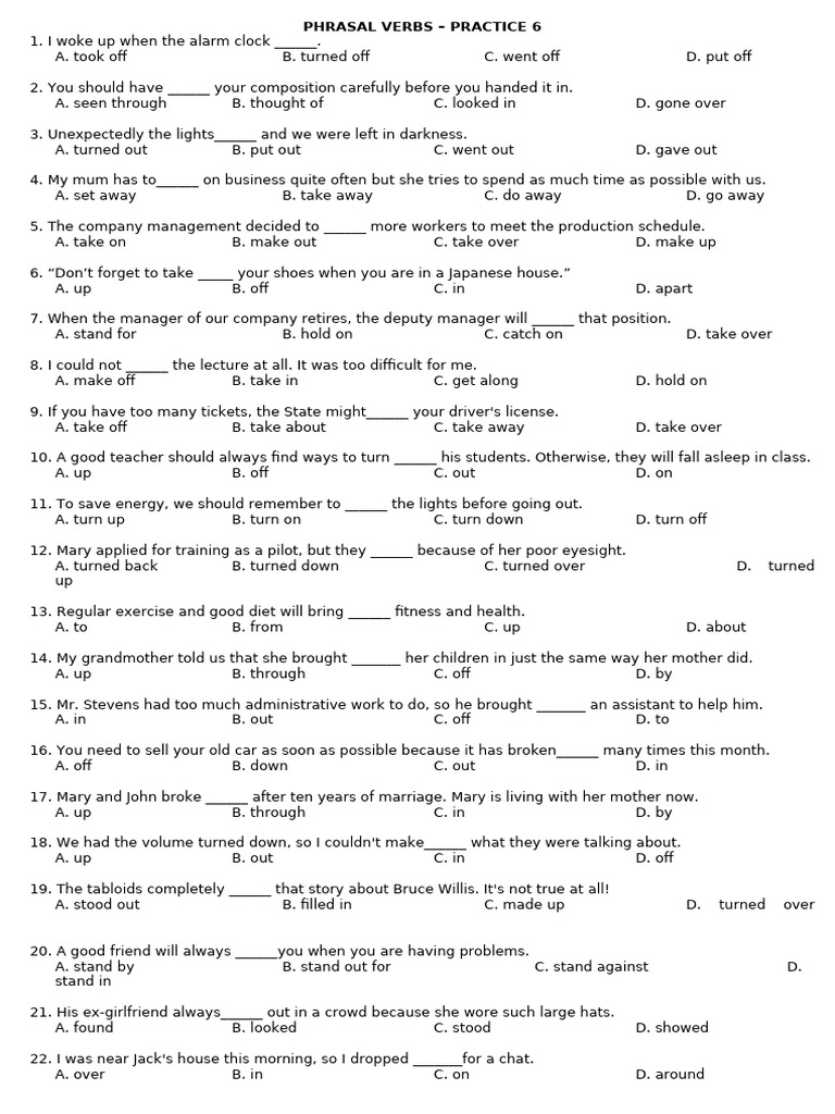 PHRASAL VERB PRACTICE 6 ĐỀ | PDF