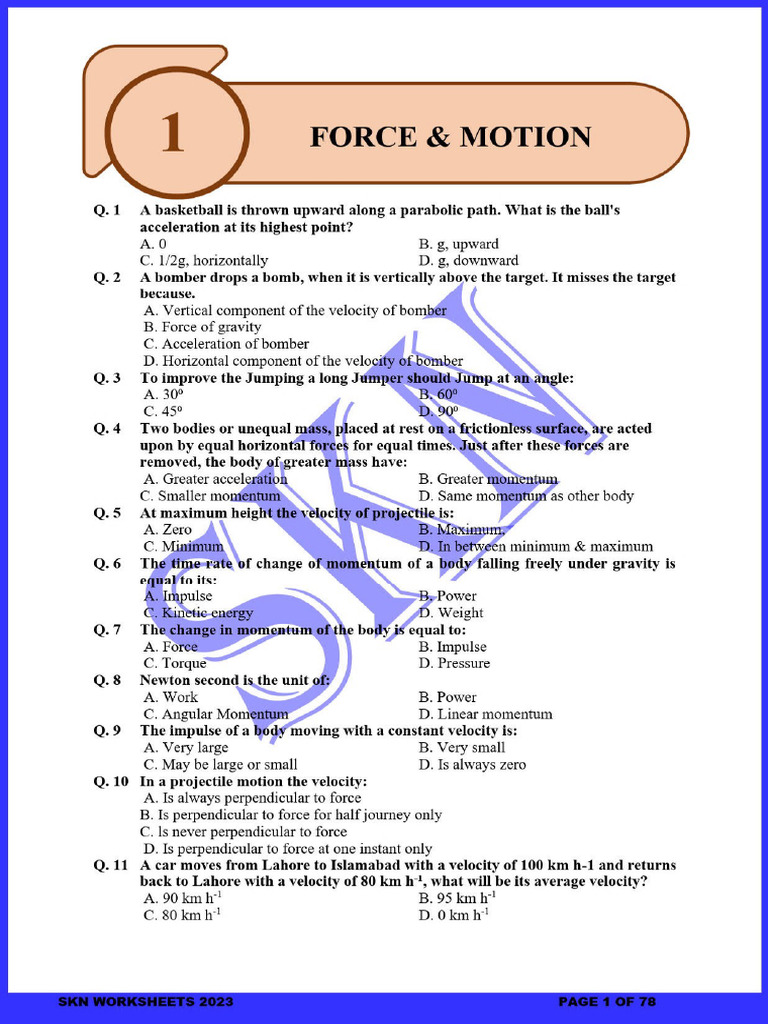 Force and Motion 800 Mcqs Worksheet by Skn 2023 | PDF