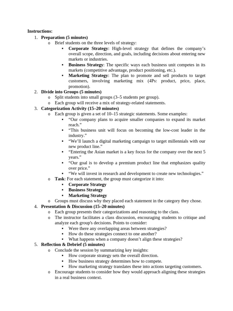 Class Activity On Corporate, Business and Marketing Strategy. | PDF ...
