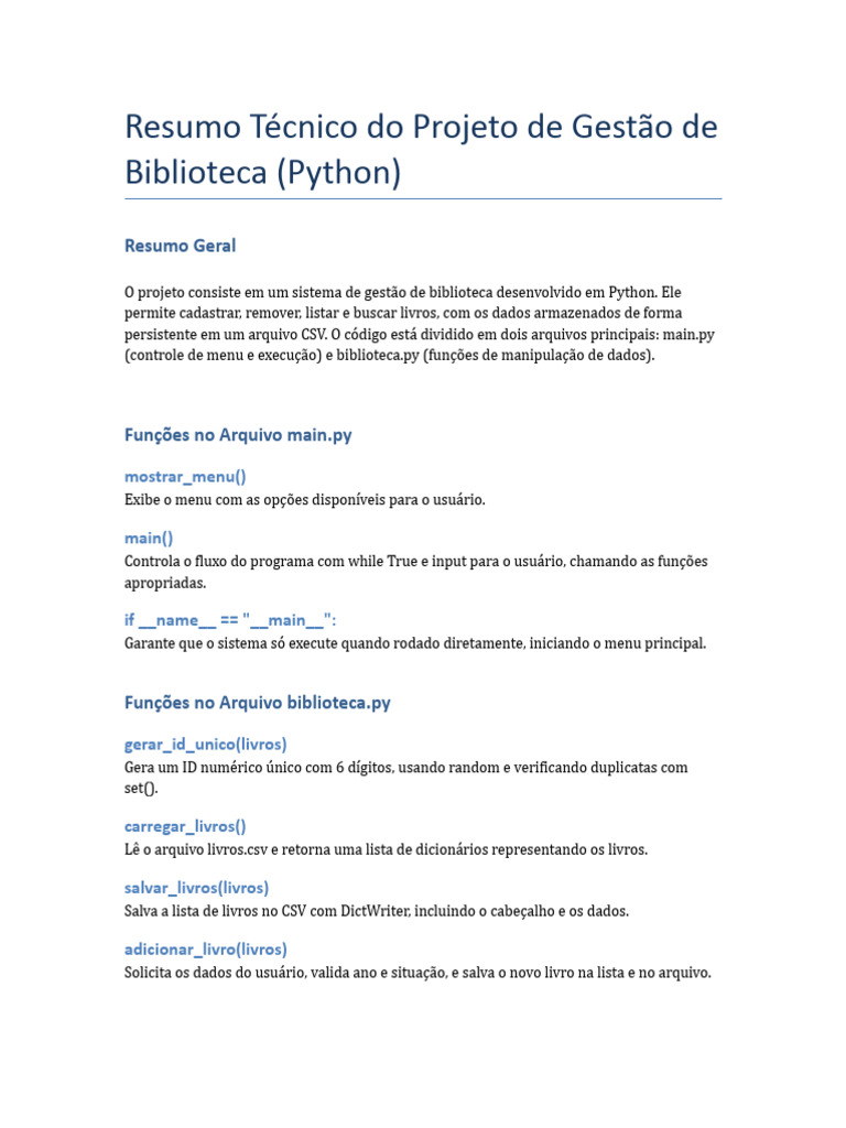 Resumo Funcoes Estruturas Projeto Biblioteca | PDF | Python (linguagem ...