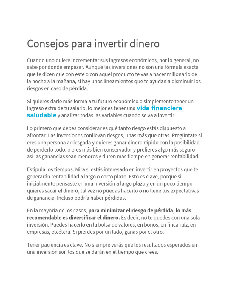 Consejos para Invertir Dinero Efectivamente | PDF | Finanzas personales ...
