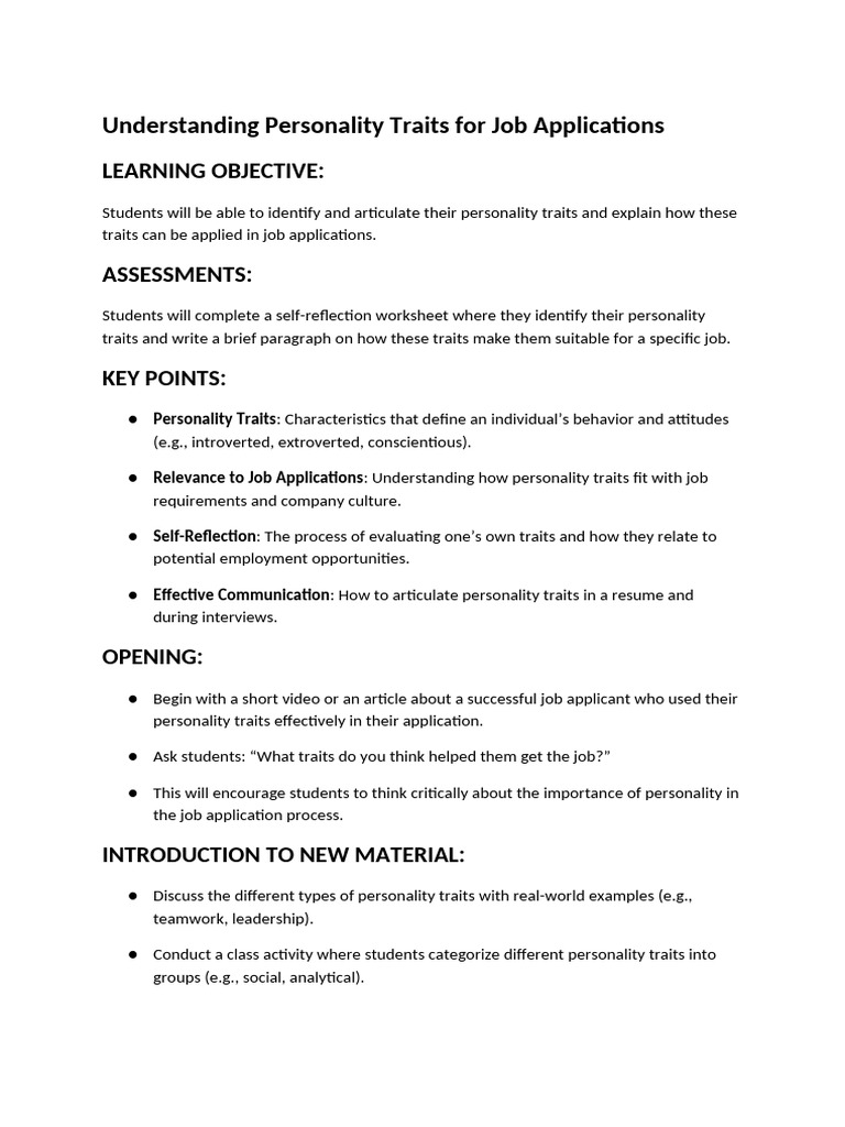 Lesson plan personality traits | PDF | Extraversion And Introversion | Lesson Plan