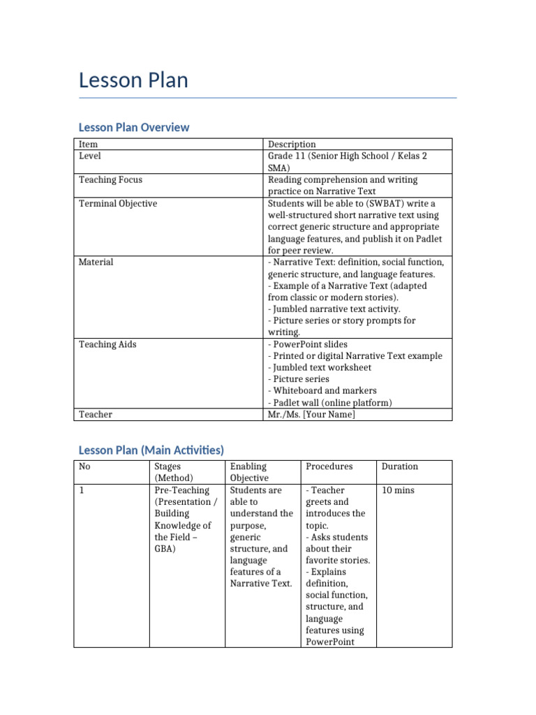 Narrative Text Lesson Plan Grade11 | PDF | Lesson Plan | Cognition