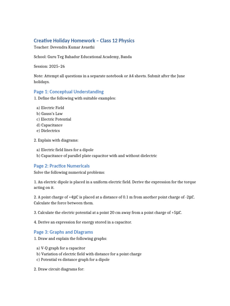 Class12 Physics Creative Holiday Homework Devendra Avasthi | PDF | Capacitor | Capacitance