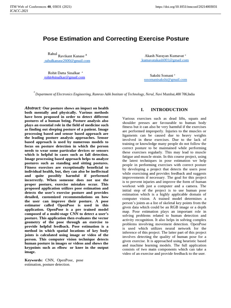 Pose Estimation and Correcting Exercise Posture | PDF | Machine ...