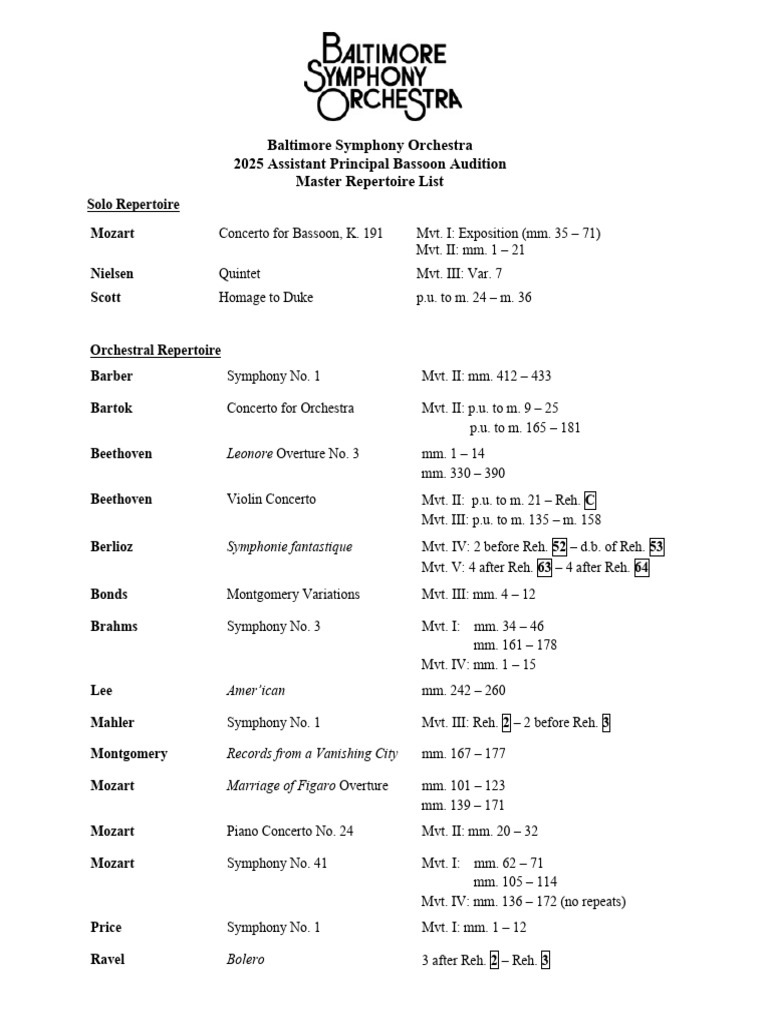 2025 BSO Assistant Principal Bassoon Master Repertoire Packet | PDF ...