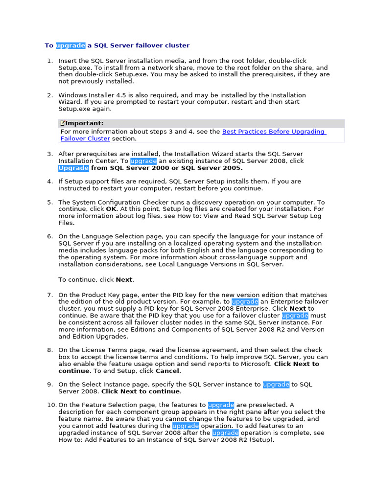 To upgrade a SQL Server failover cluster | PDF | Computer Cluster | Microsoft Sql Server