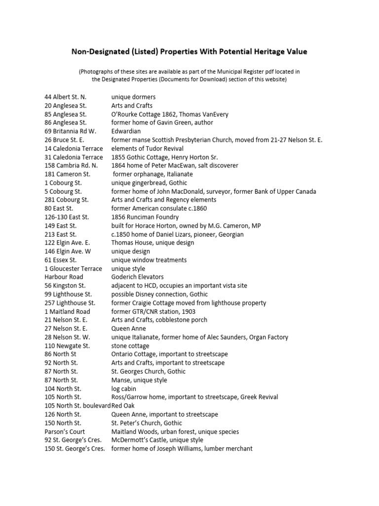 Non-Designated Listed Properties With Potential Heritage Value June ...