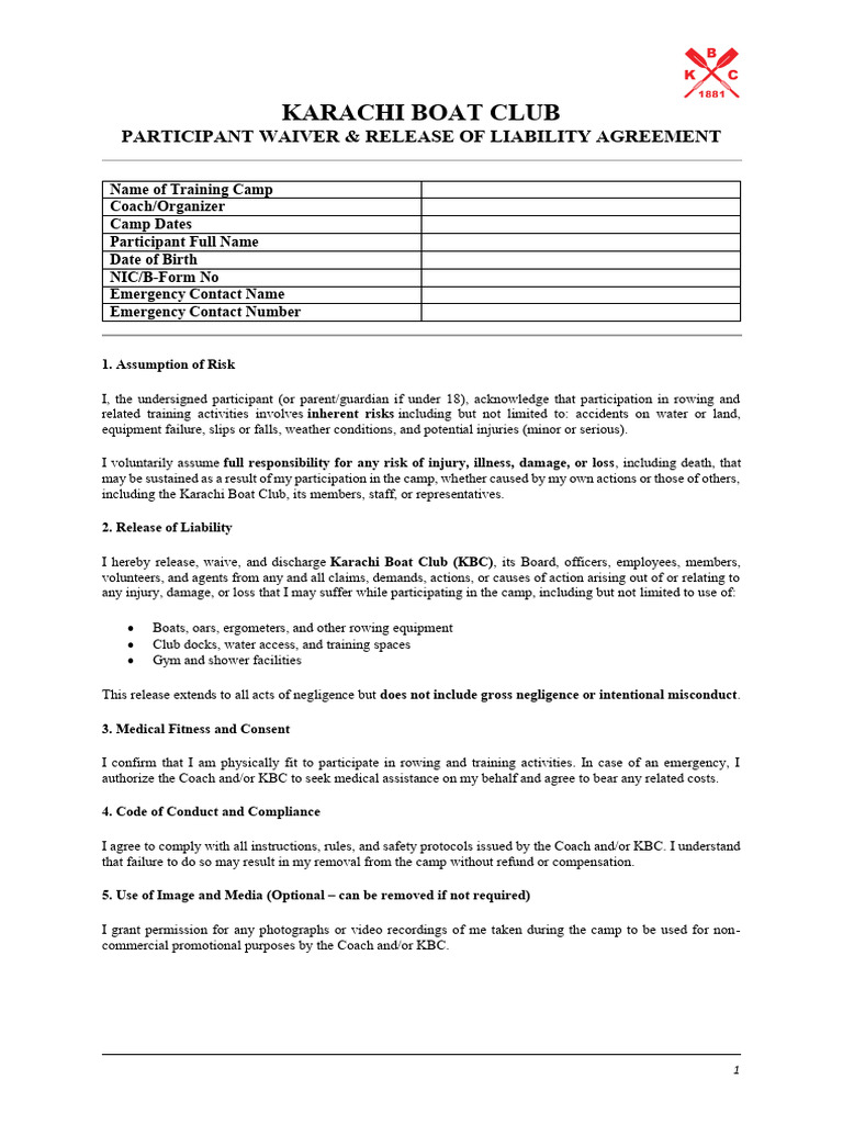 Participant Waiver Form - External Training Camps | PDF | Legal ...