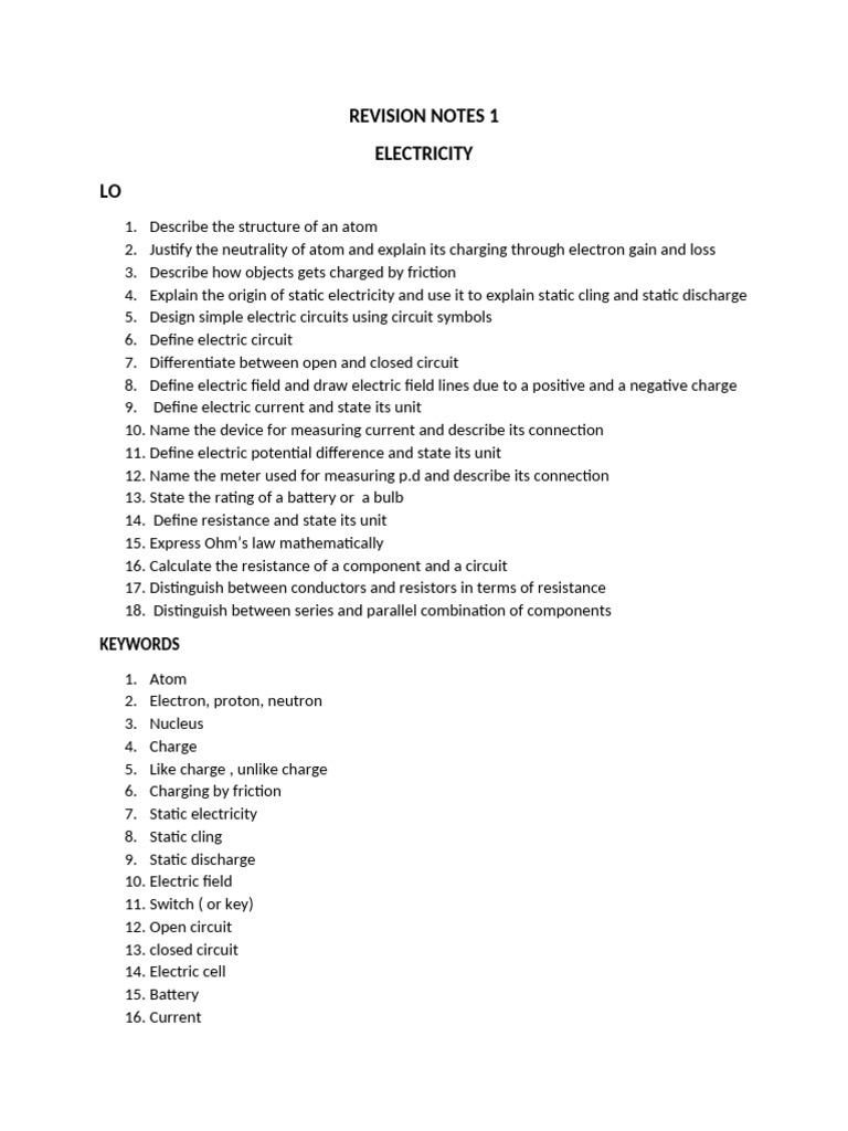 PDF_GO_REVISION NOTES 1 -ELECTRICITY | PDF | Atoms | Electric Charge