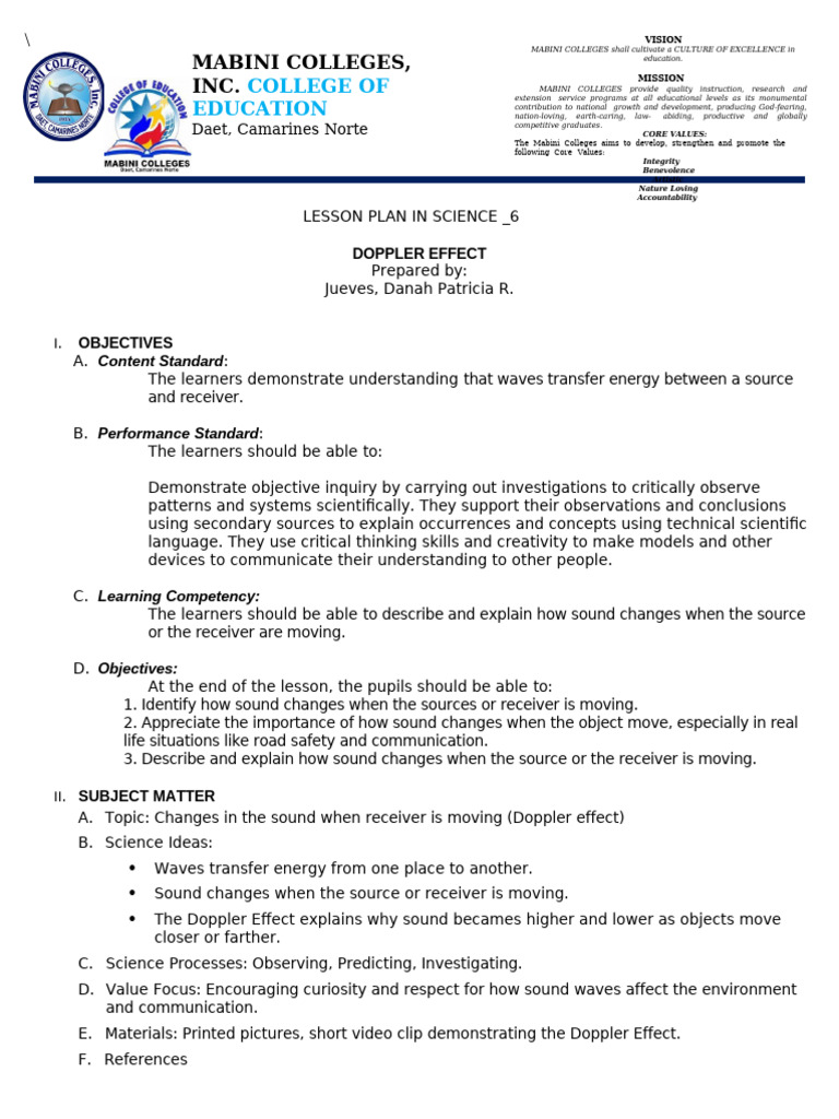 Lesson Plan Format Science Danah | PDF | Learning | Doppler Effect
