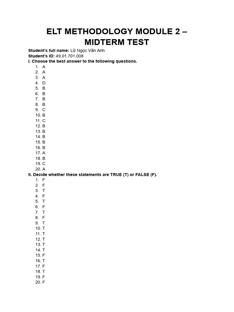 ELT Methodology Midterm Test Answers | PDF