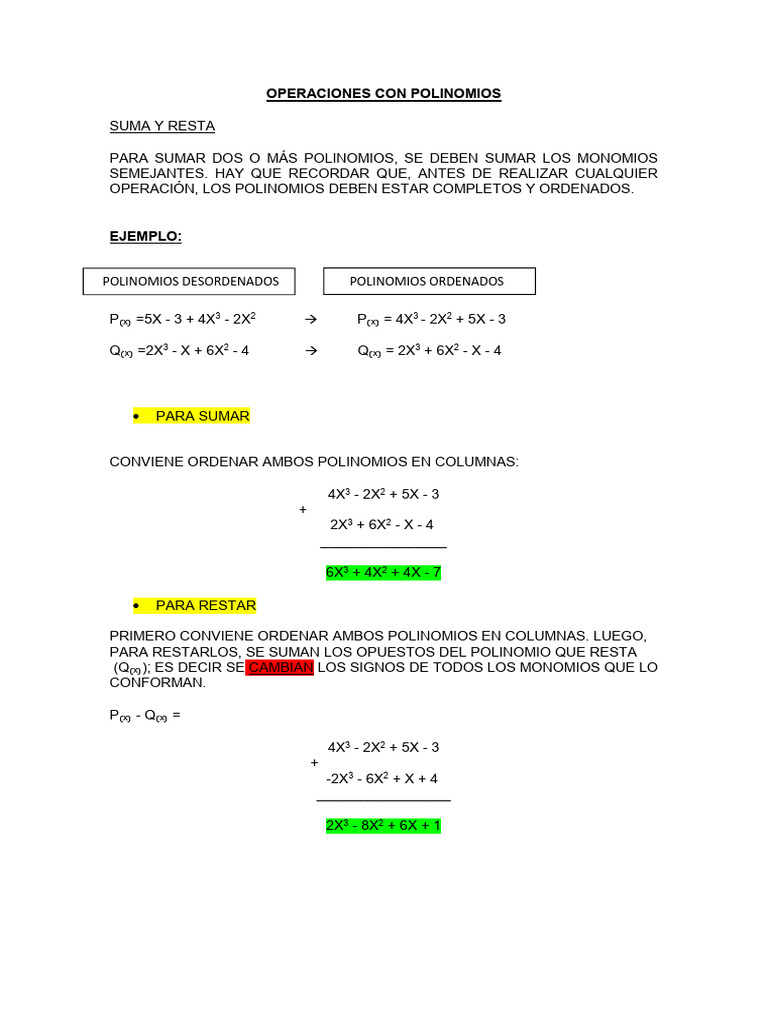 Resumen Matemática Operaciones con polinomios(1) | PDF