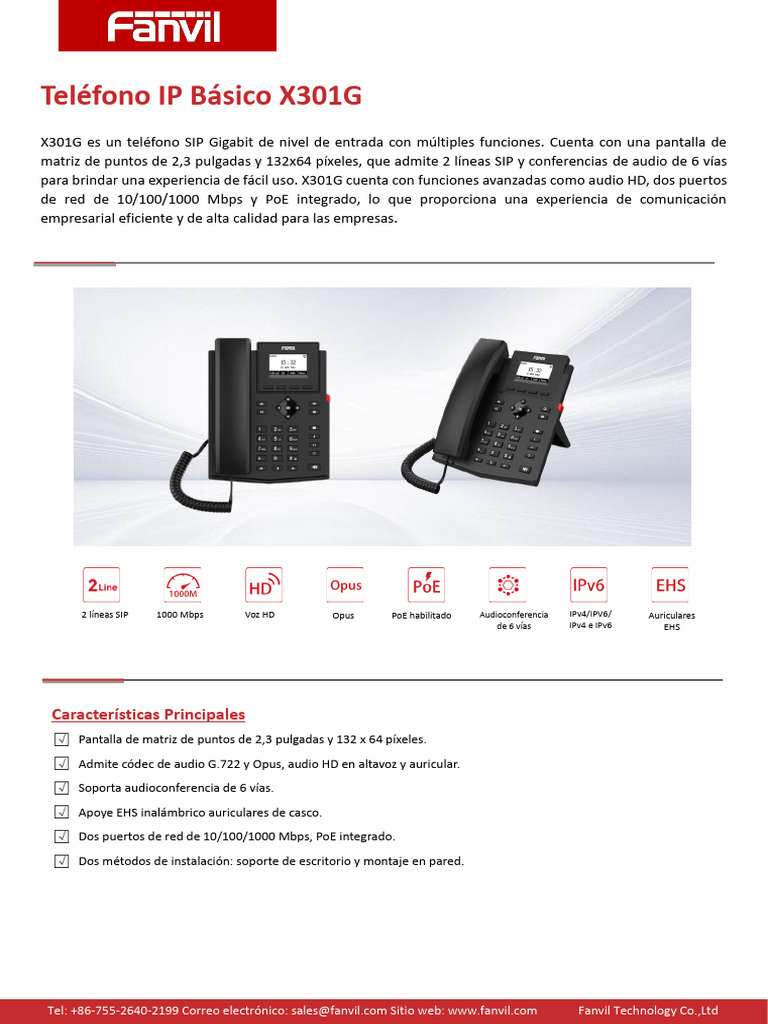 Especificaciones del Fanvil X301G | PDF | Auriculares | Yo Pv6