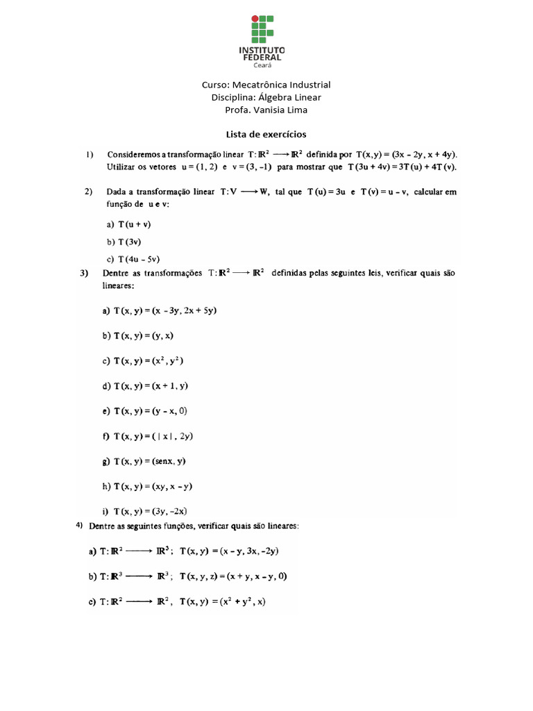 Exercícios de Álgebra Linear em Mecatrônica | PDF
