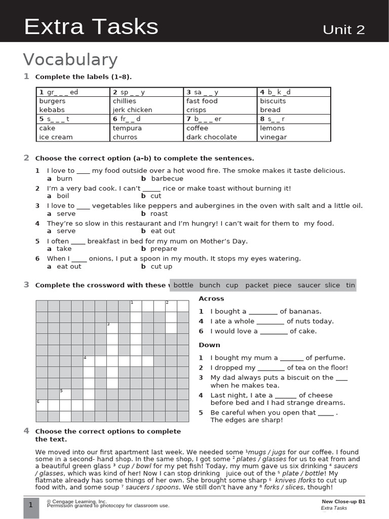 C9 Unit 2 Extra Tasks Easier | PDF | Lunch | Cooking