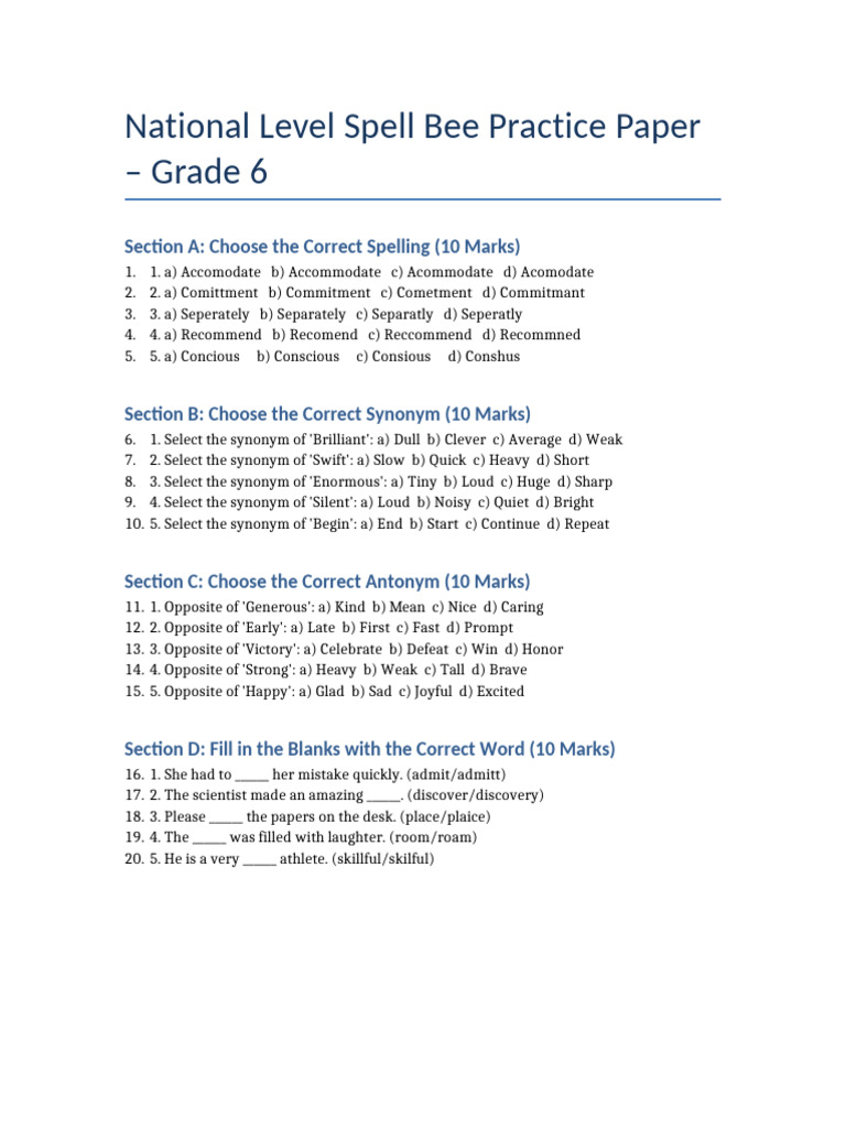 National Level Spell Bee Practice Paper Grade6 | PDF