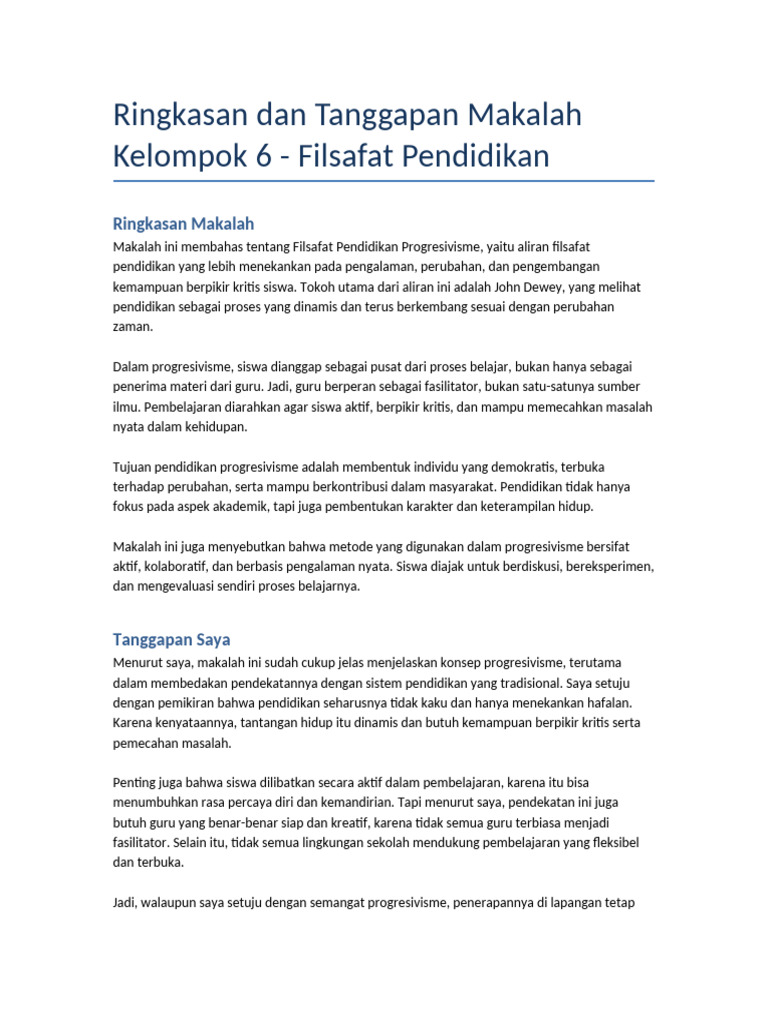 Ringkasan Dan Tanggapan Makalah Progresivisme | PDF