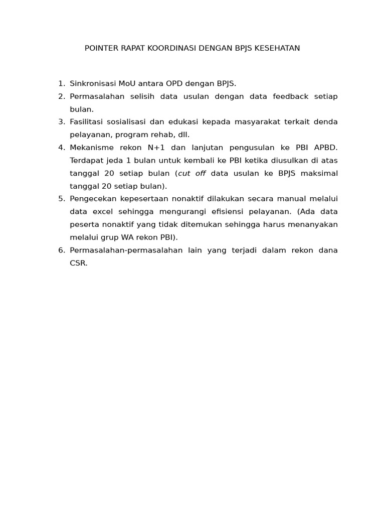 Pointer Rapat Koordinasi Dengan Bpjs Kesehatan | PDF
