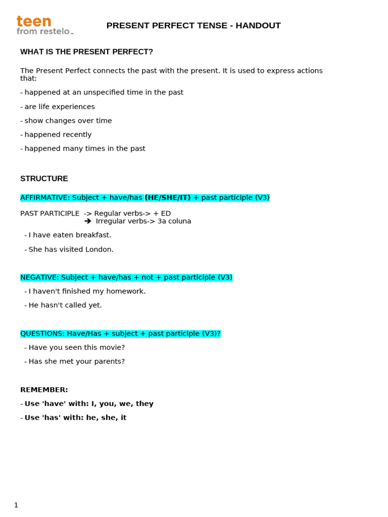 Present Perfect Handout | PDF