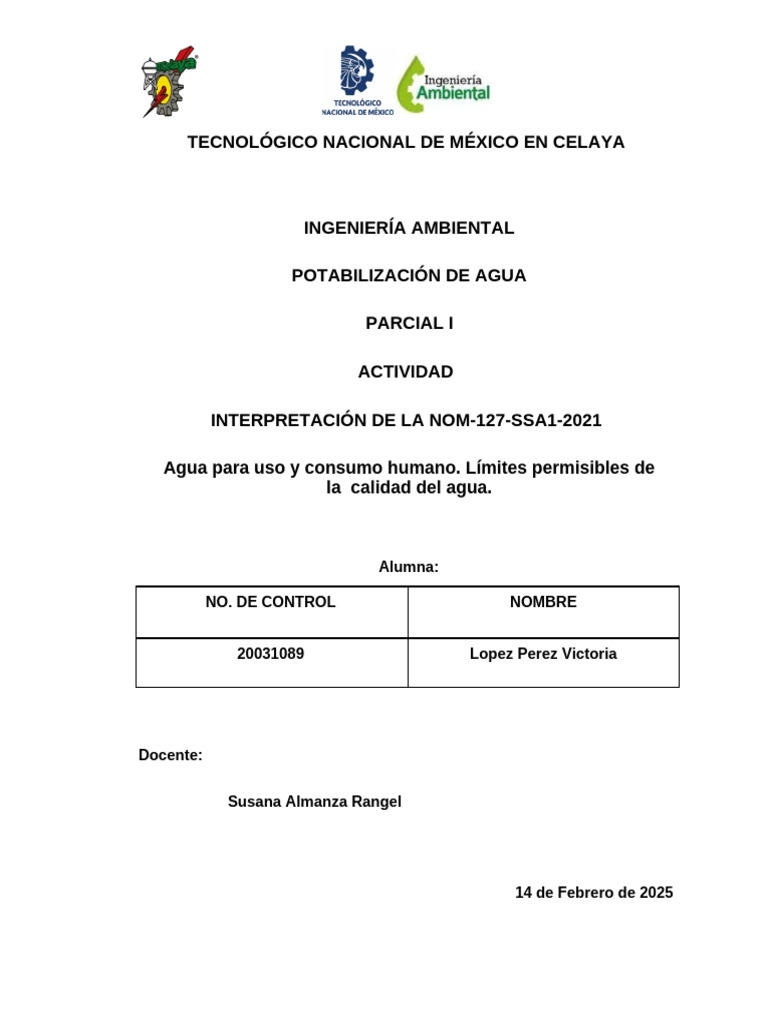 Actividad Nom-127-Ssa1-2021 - VLP | PDF | Agua potable | Agua