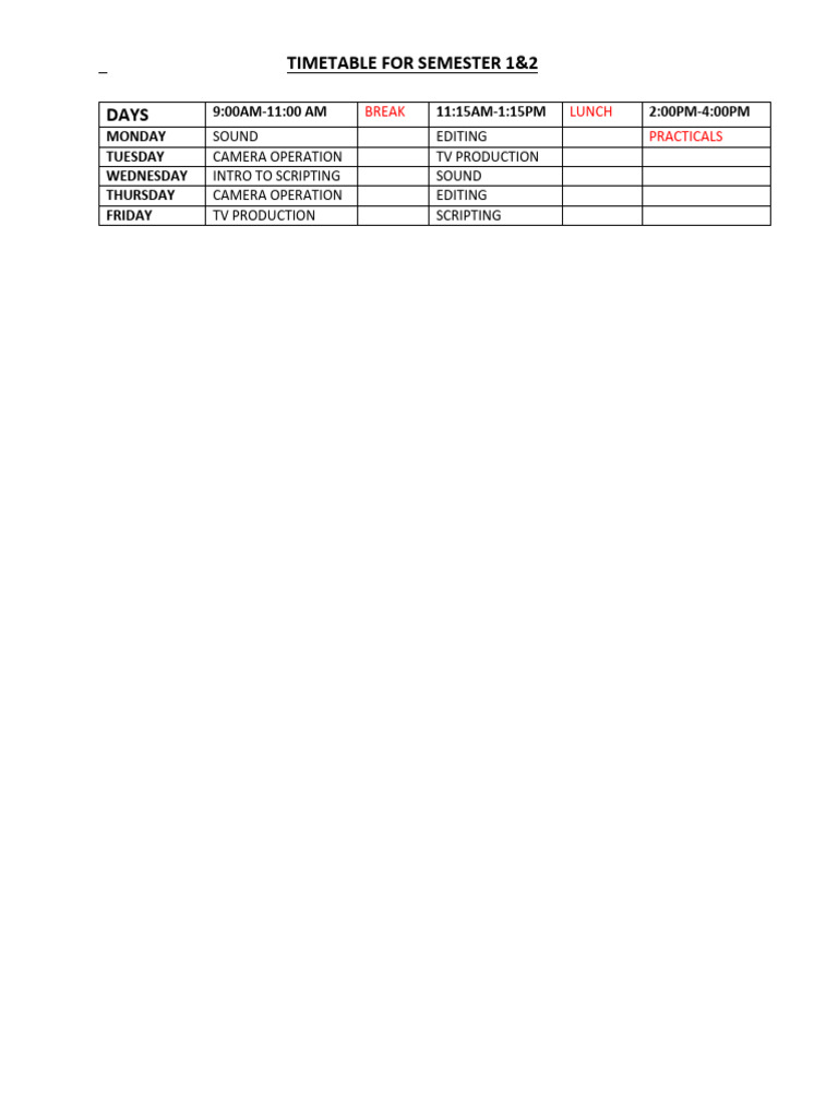 Time Table New Sem For 1&2 NEW SEM | PDF