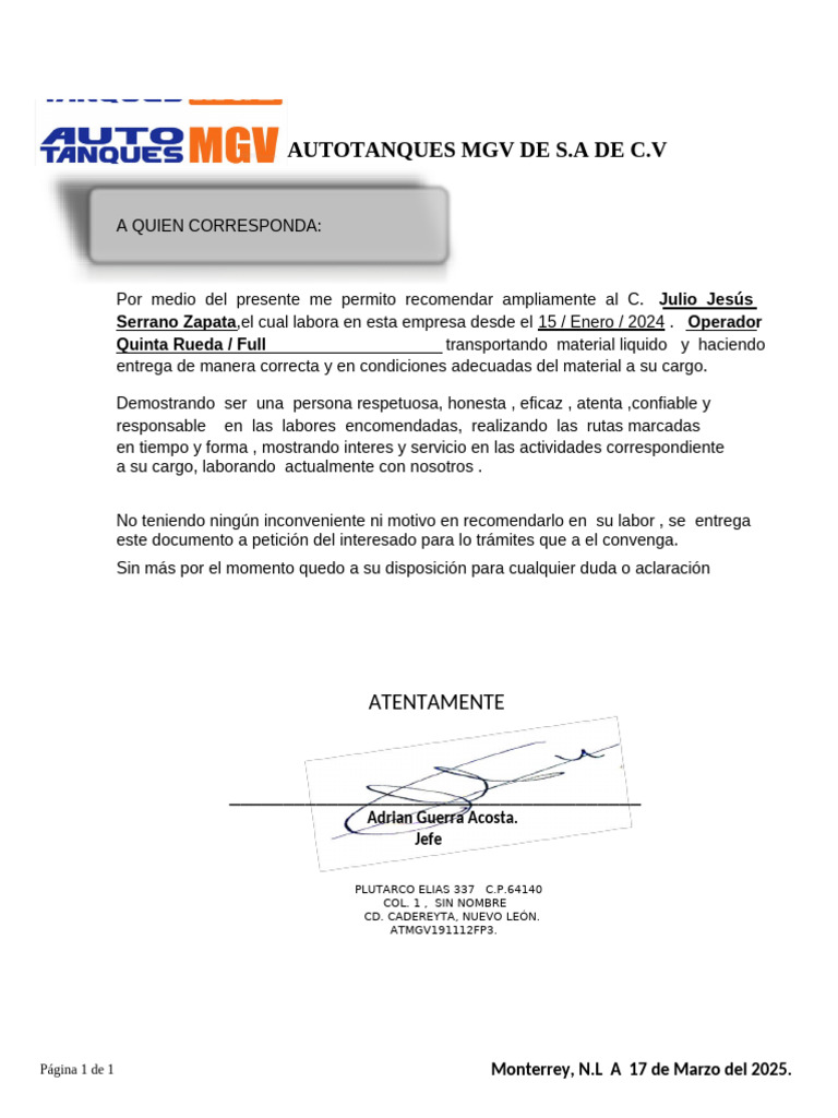 Recomendacion Laboral MGV | PDF