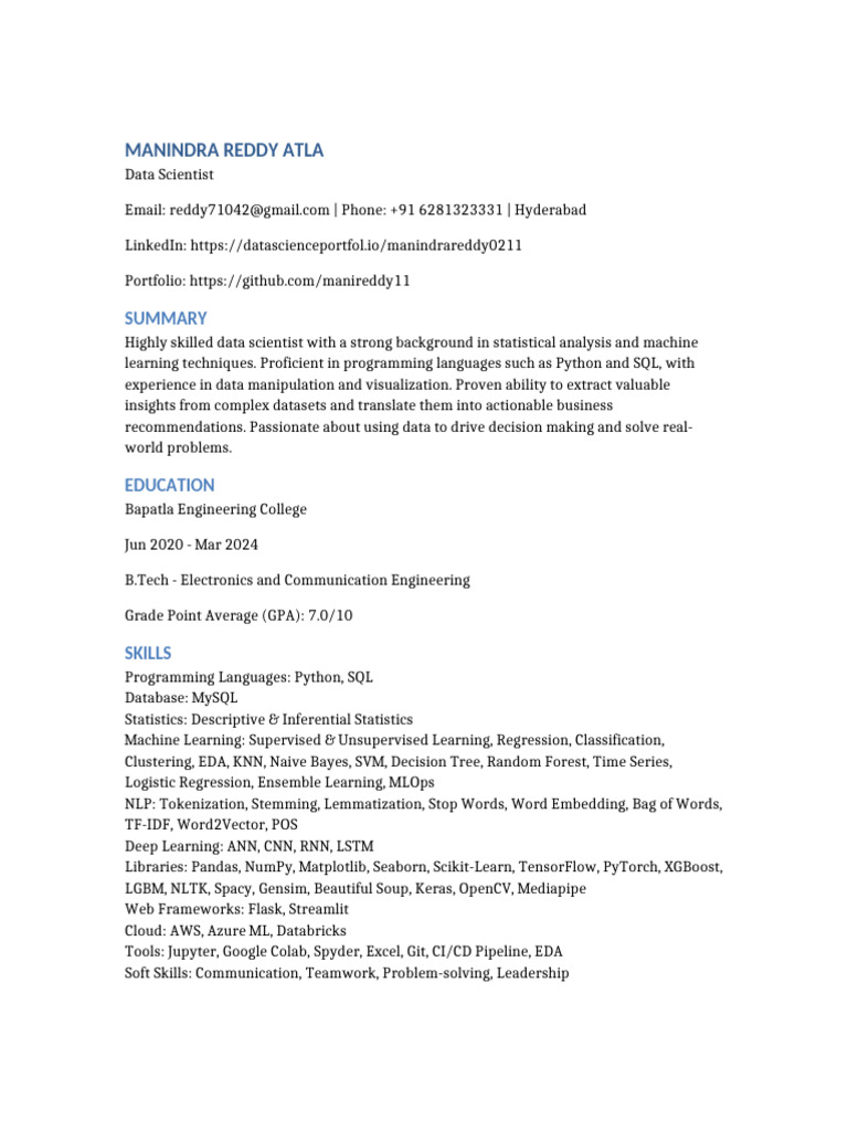 Manindra Reddy Atla Resume | PDF | Data Science | Data