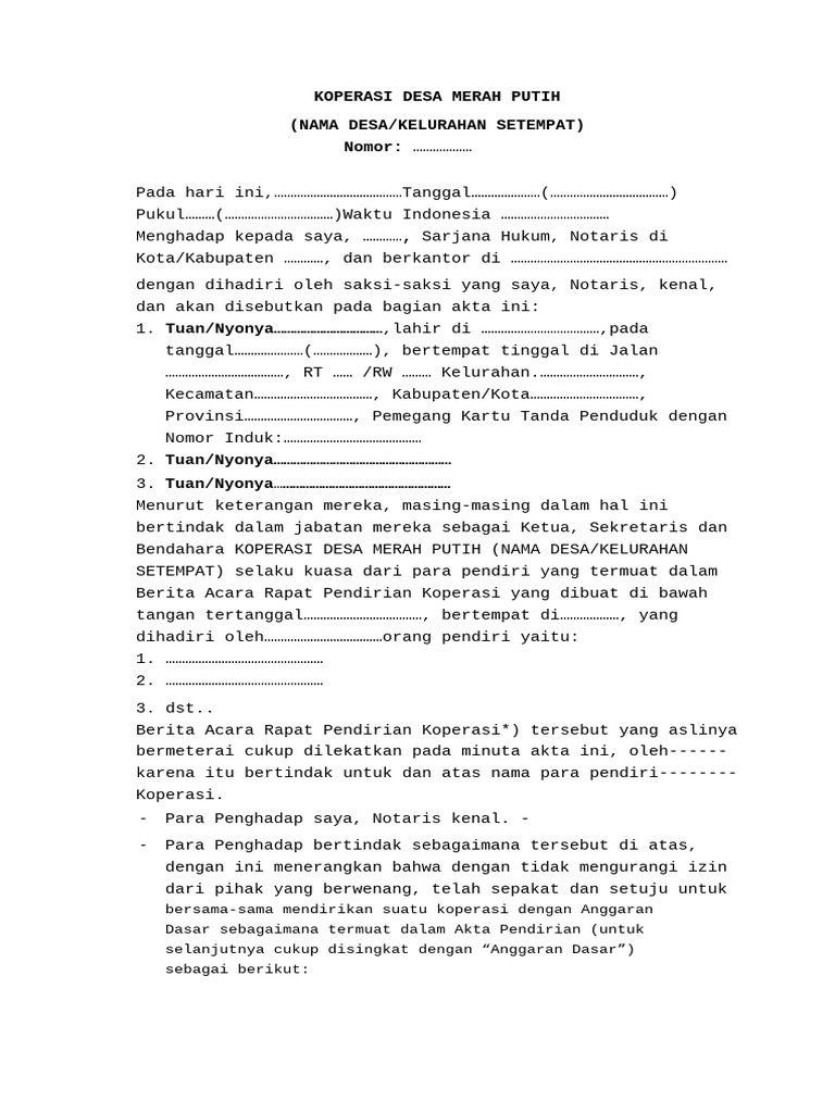 Contoh Akta Pendirian Koperasi Desa Merah Putih | PDF