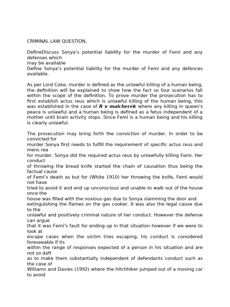 CRIMINAL LAW QUESTION SONYA | PDF | Mens Rea | Murder