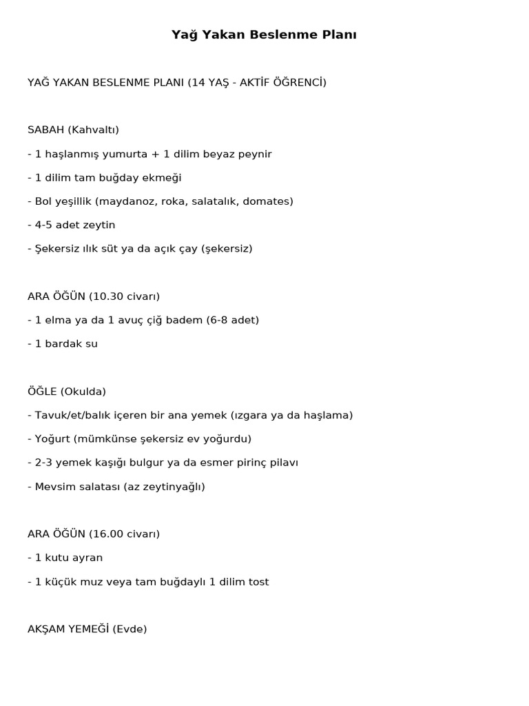 Yag Yakan Beslenme Plani | PDF