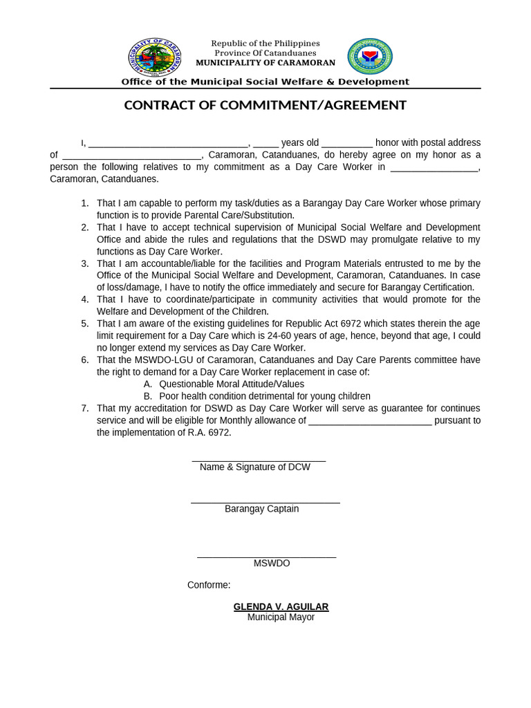 Contract of Agreement CDW | PDF | Child Care | Justice