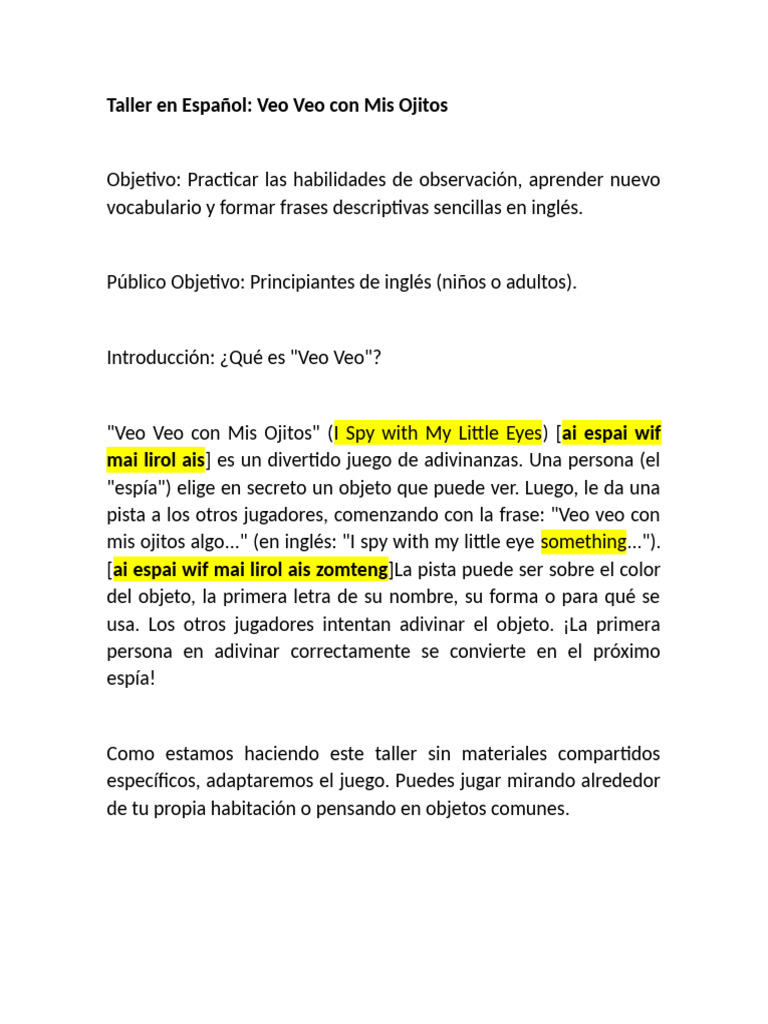 Taller en INGLES Veo Veo | PDF | Color | Percepción visual
