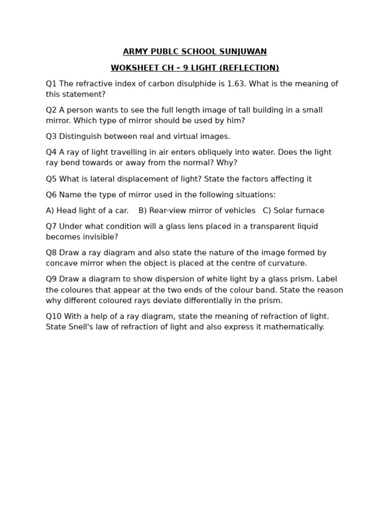 Worksheet reflection and refractive index | PDF