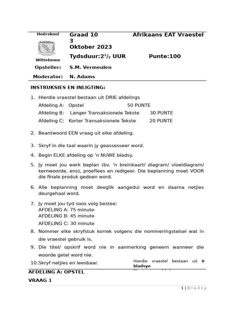 Afrikaans - Gr10 - Vraestel 3 - Oktober 2023 | PDF