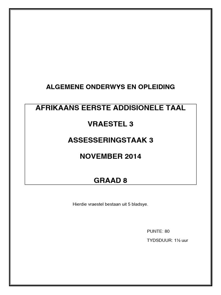 Afrikaans Eerste Addisionele Taal Vraestel 3 Assesseringstaak 3 November 2014 Graad 8 | PDF