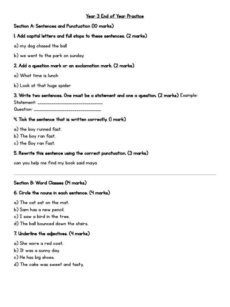 Year 3 English Practice Test Guide | PDF | Sentence (Linguistics ...