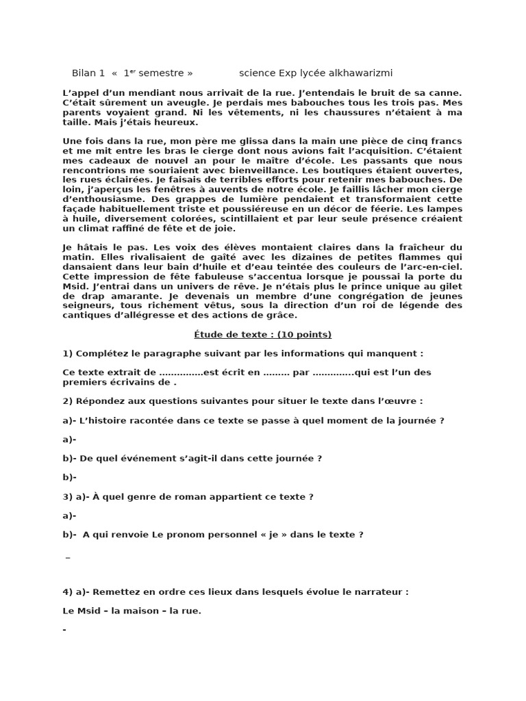 Bilan 1 : Analyse d'un extrait littéraire | PDF