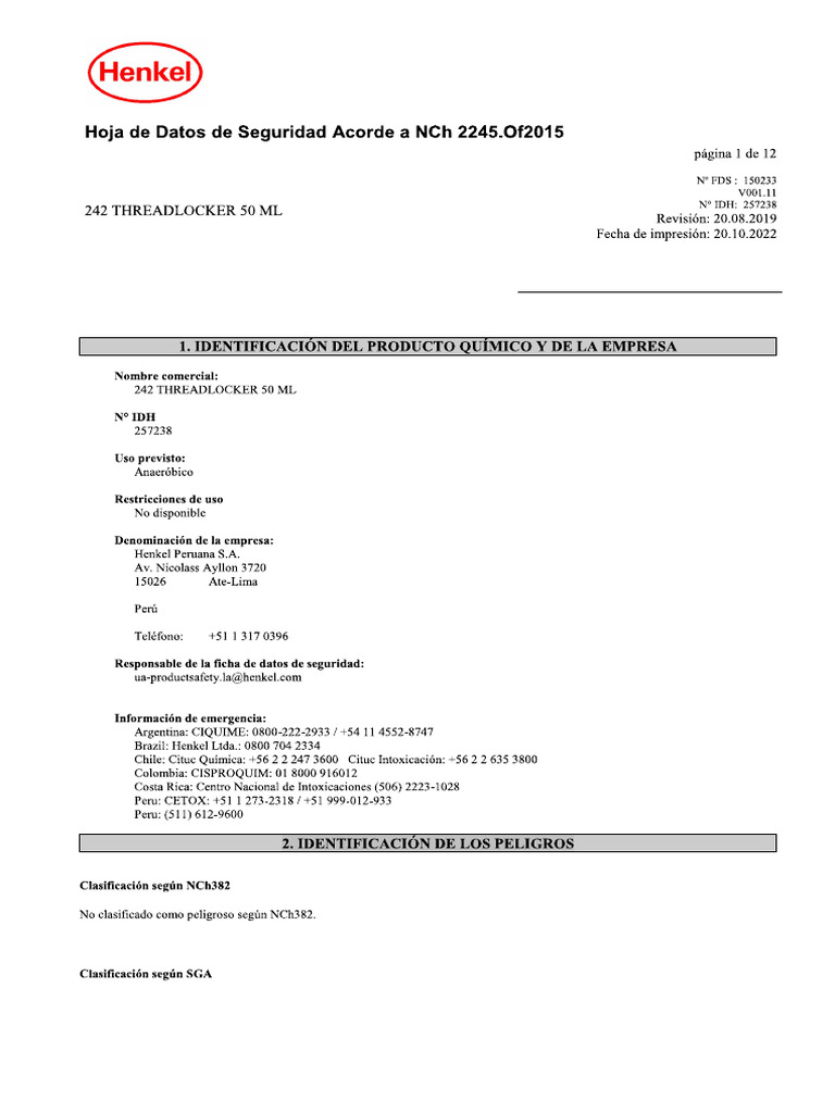 Loctite Msds 242 | PDF