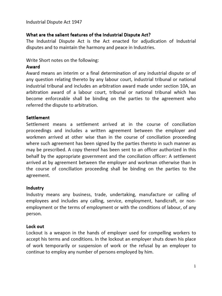 Key Features of Industrial Dispute Act | PDF | Lockout (Industry ...