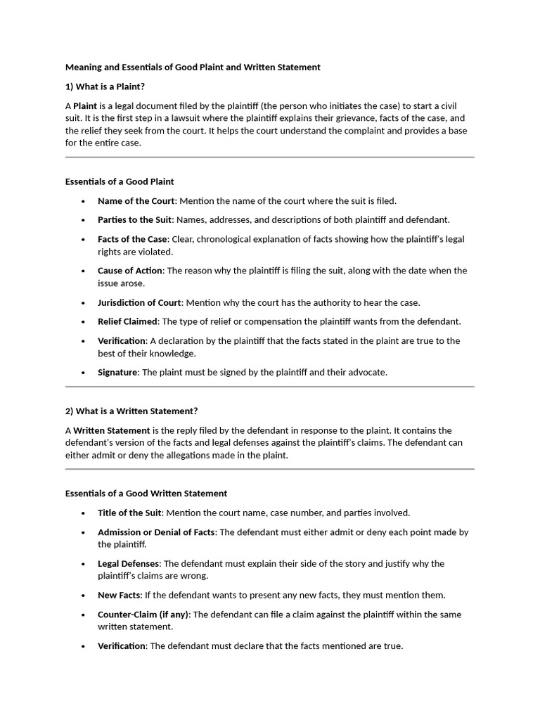 Meaning and Essentials of Good Plaint and Written Statement | PDF | Lawsuit | Common Law