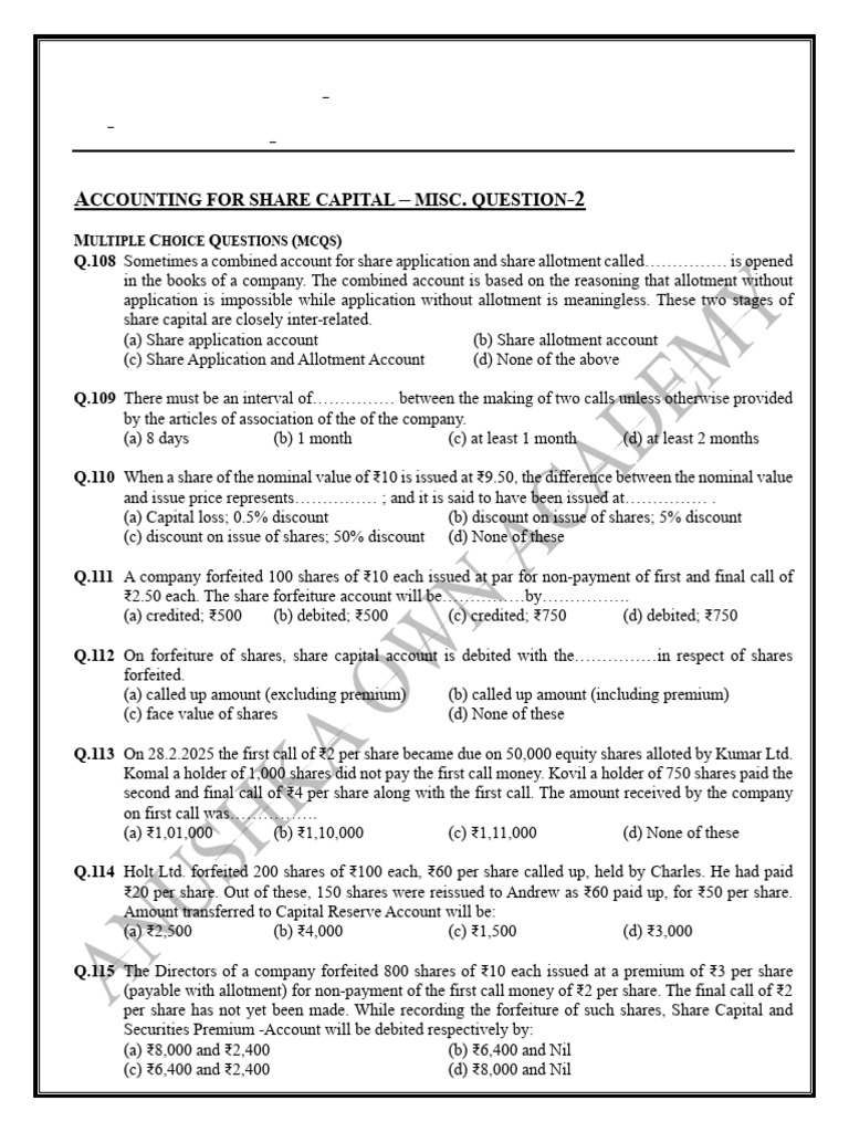 Accounting For Share Capital - Misc Question-2 | PDF | Debits And ...