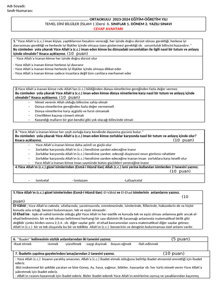 6 - SNF - TDB - Islam1 - I - Dönem - II - y - Cevap Anahtarı | PDF