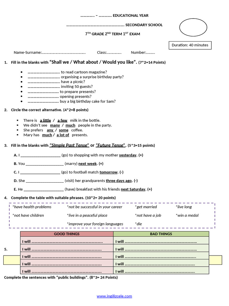 7 Sinif Ingilizce 2 Donem 1 Sinav Ornek 1 | PDF | Grammar | Linguistics