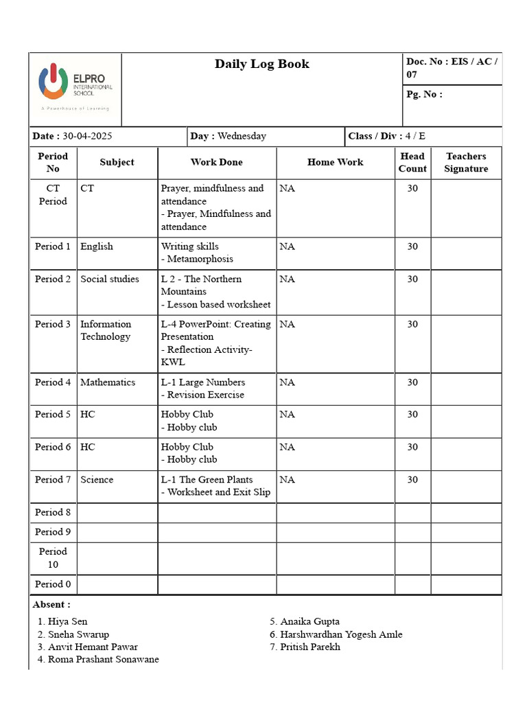 Daily Log Book for Class 4E Activities | PDF