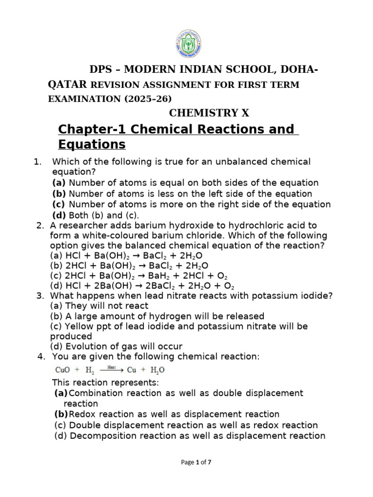Revision Assignment for class X | PDF | Chemical Reactions | Sodium ...