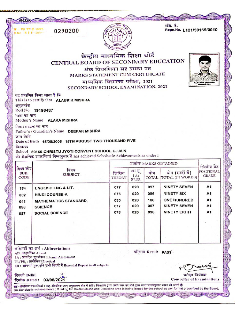 class X marksheet | PDF