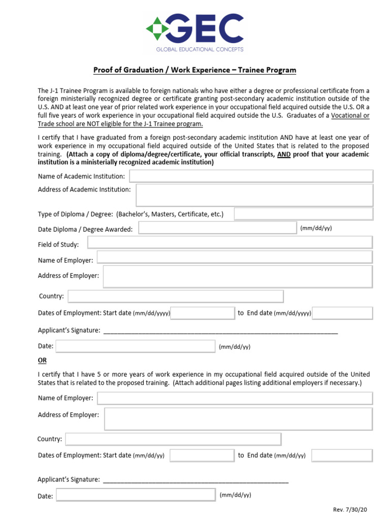 Fillable Proofof Graduation Work Experience TRAINEE | PDF