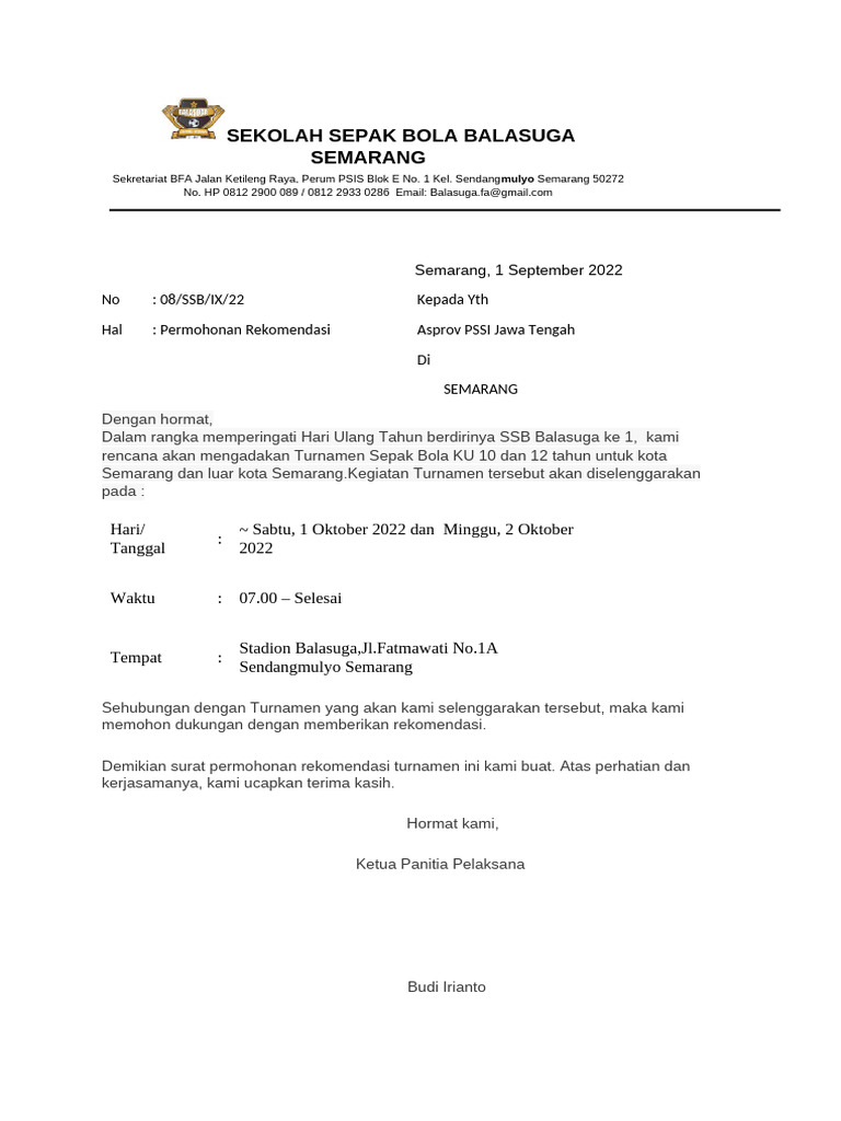 Surat Permohonan Rekom HUT SSB | PDF