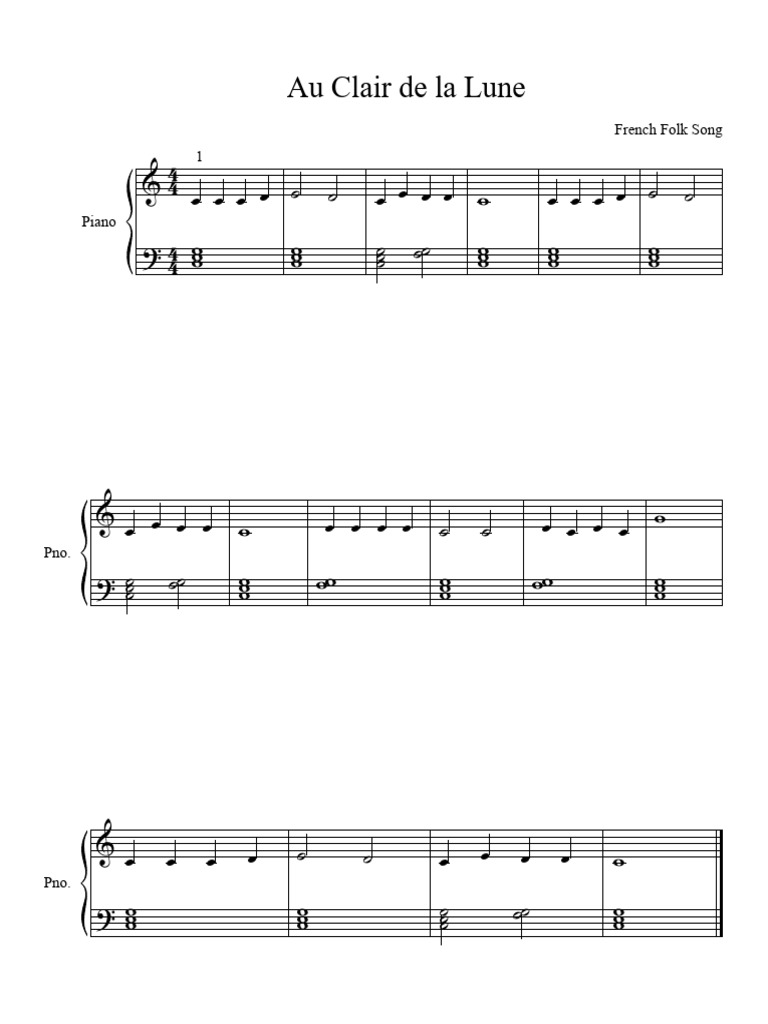 Au Clair de La Lune Song Easy Piano | PDF